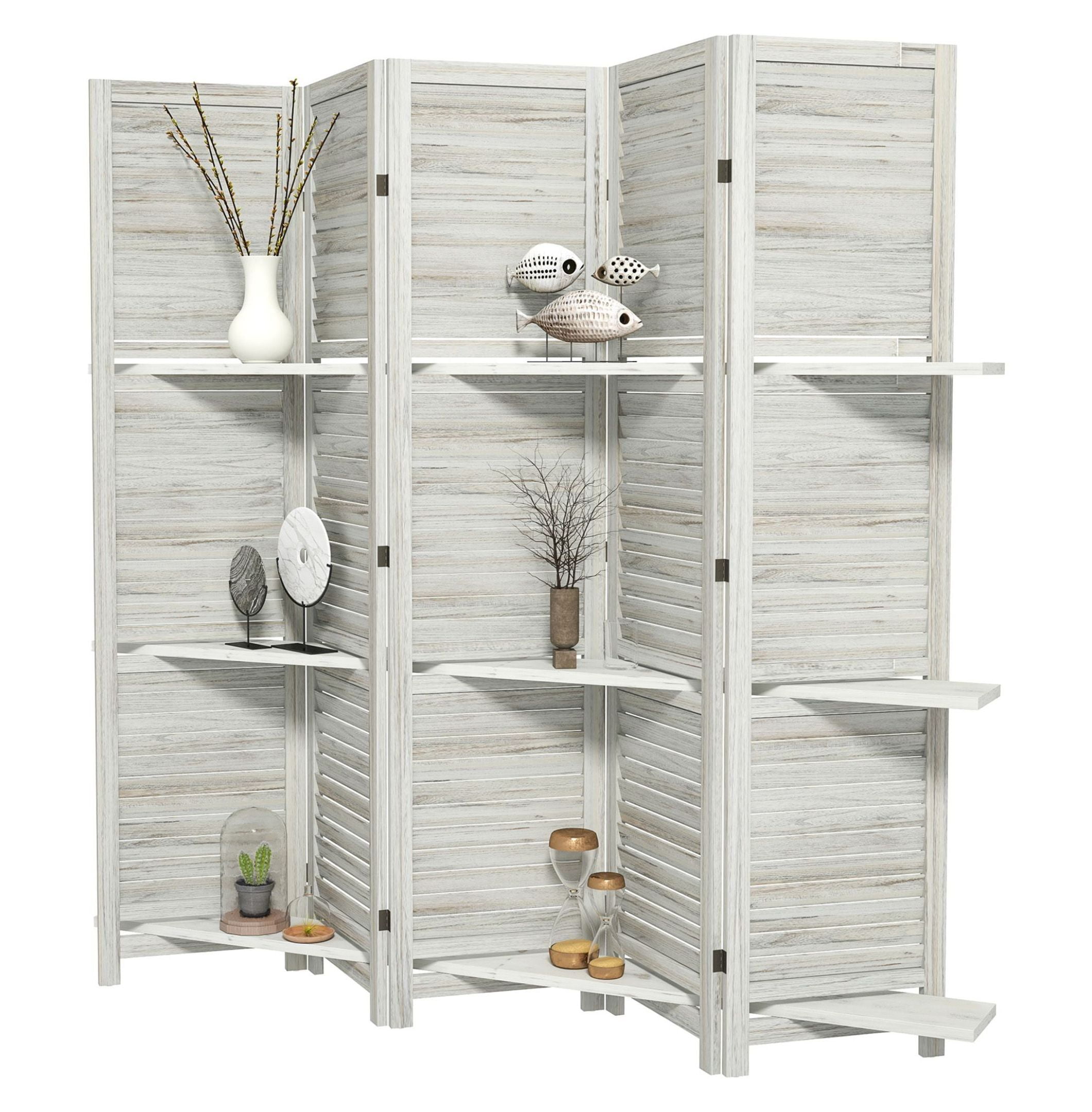 5 Panel 67" Tall Wood Privacy Screen with 3 Shelves and Folding Storage ...