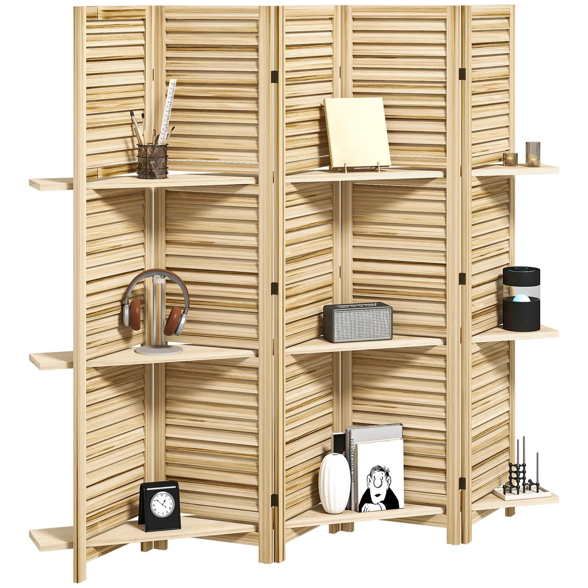 5 Panel 67inch Tall Wood Privacy Screen Room Divider with 3 Shelves and ...