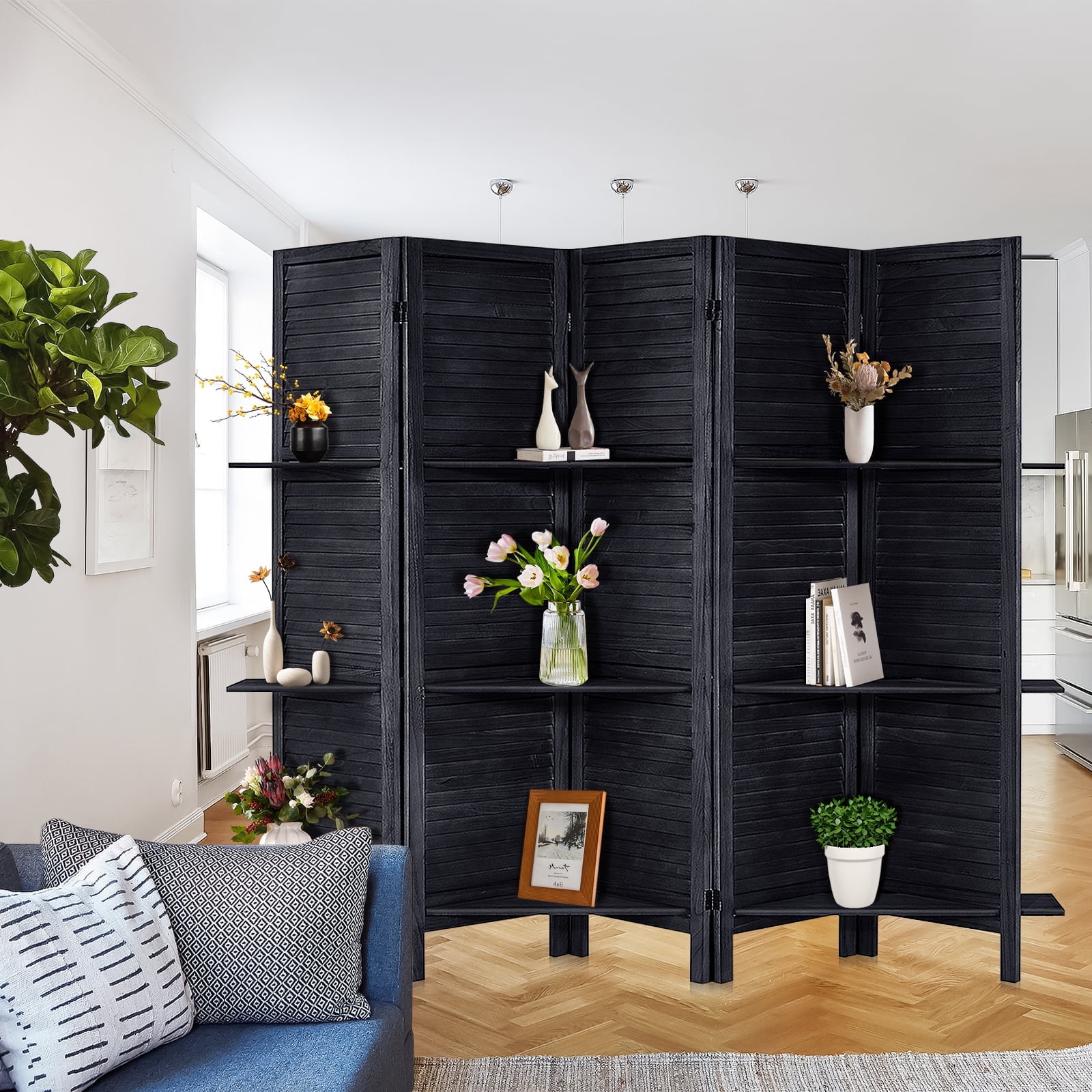 5-Panel Room Divider with Shelves,5.6ft Tall Folding Privacy Screen ...