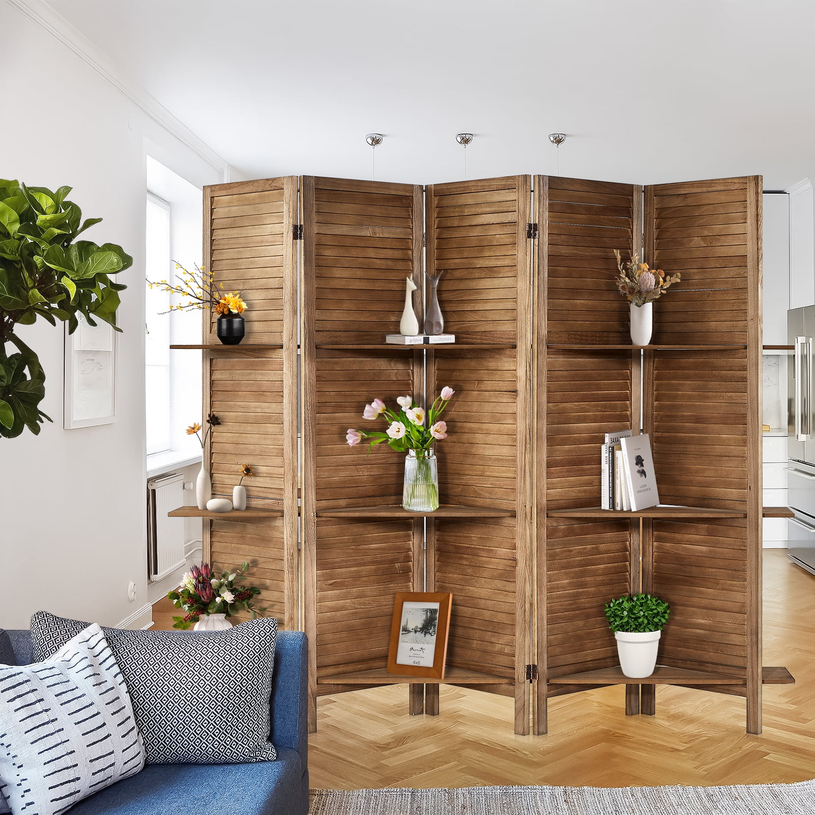5-Panel Room Divider with Shelves,5.6ft Tall Folding Privacy Screen ...