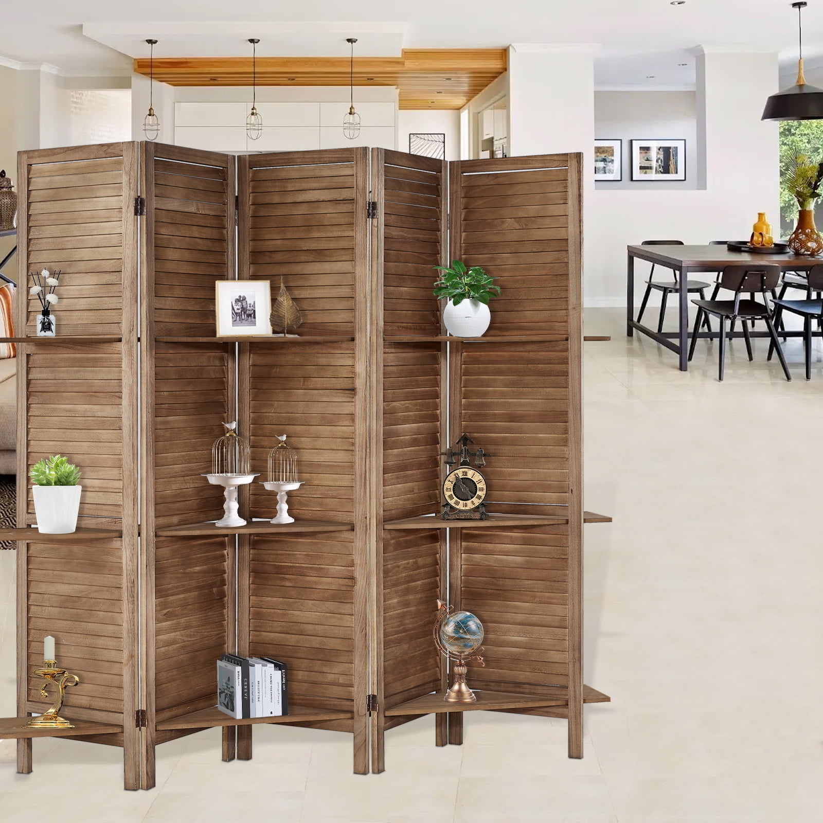5-Panel Room Divider with Shelves，5.6ft Tall Folding Privacy Screen ...