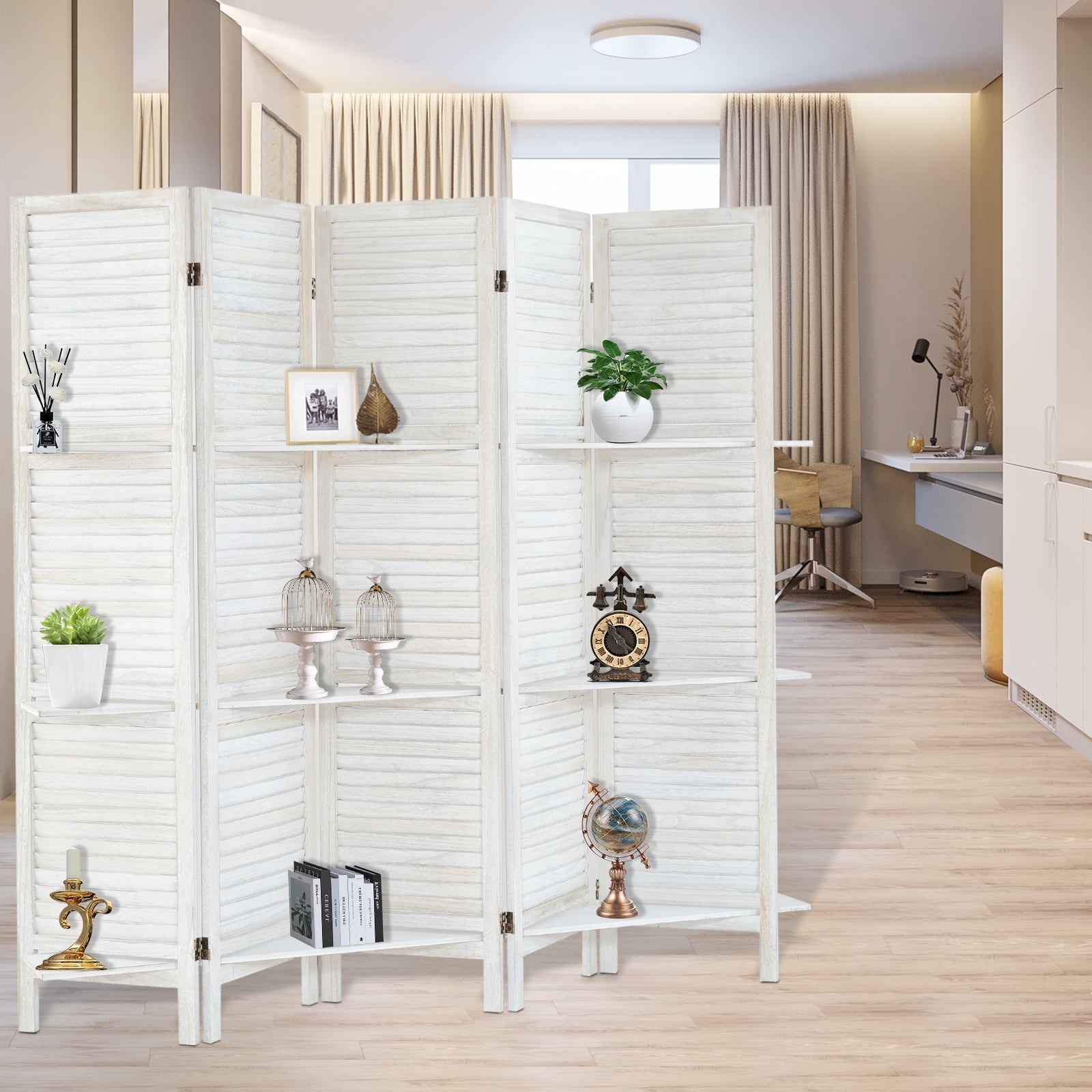 5-Panel Room Divider with Shelves，5.6ft Tall Folding Privacy Screen ...