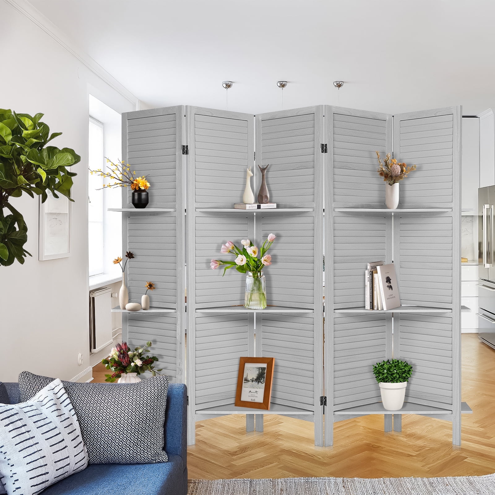 5-Panel Room Divider with Shelves,5.6ft Tall Folding Privacy Screen ...