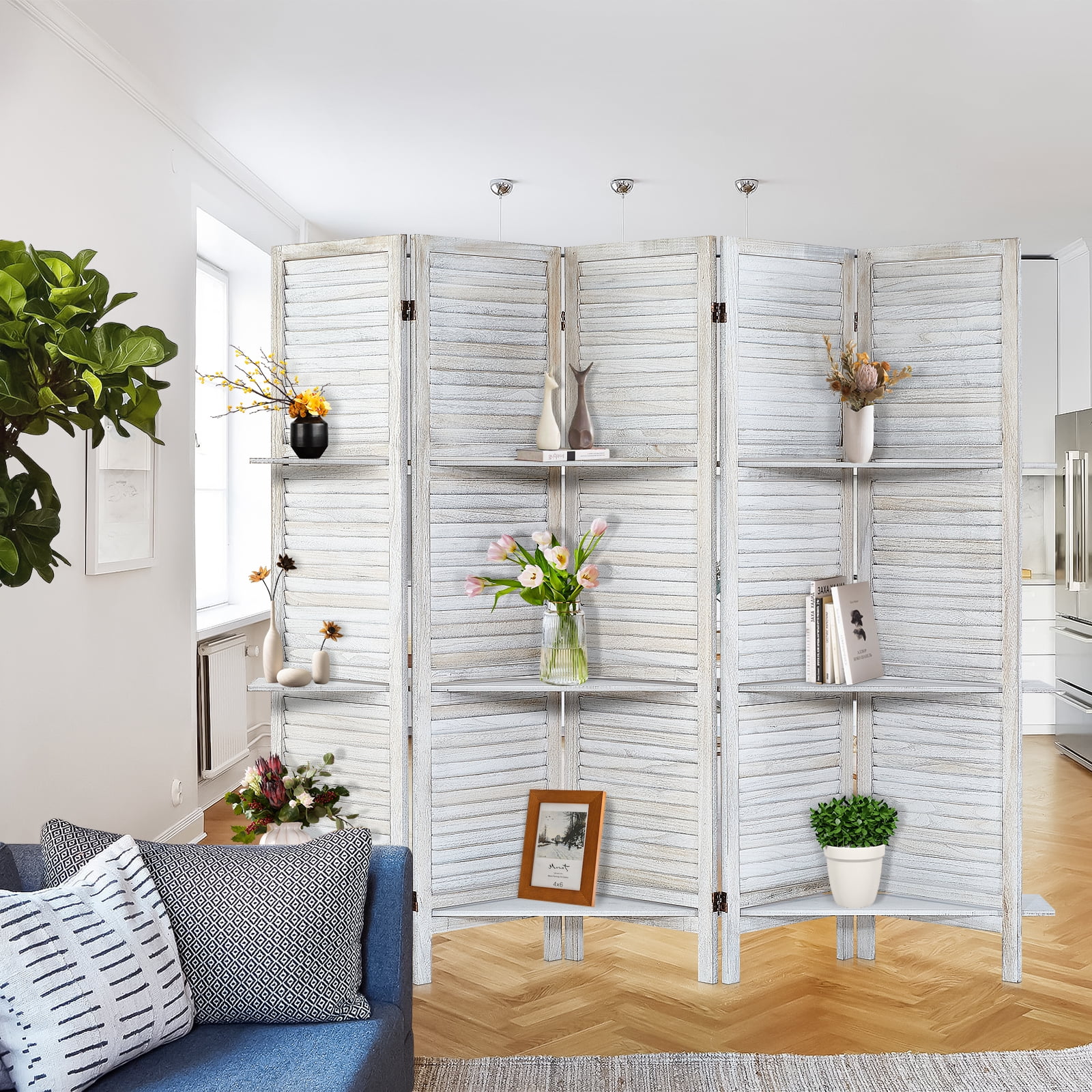 5-Panel Room Divider with Shelves,5.6ft Tall Folding Privacy Screen ...