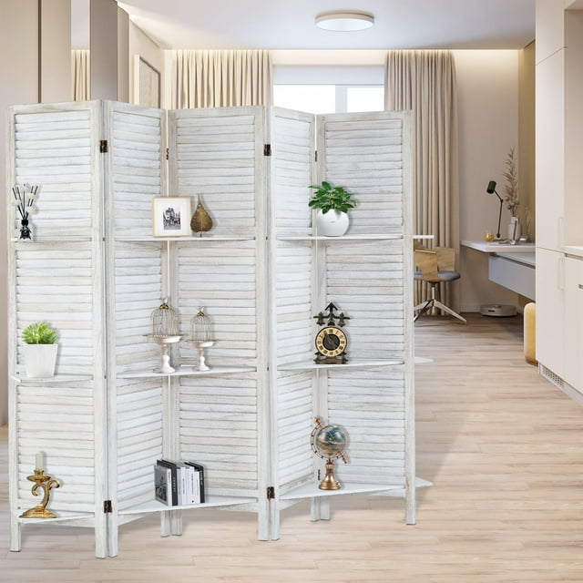5-Panel Room Divider Shelves, 5.6ft Tall White Privacy Screen, Home ...
