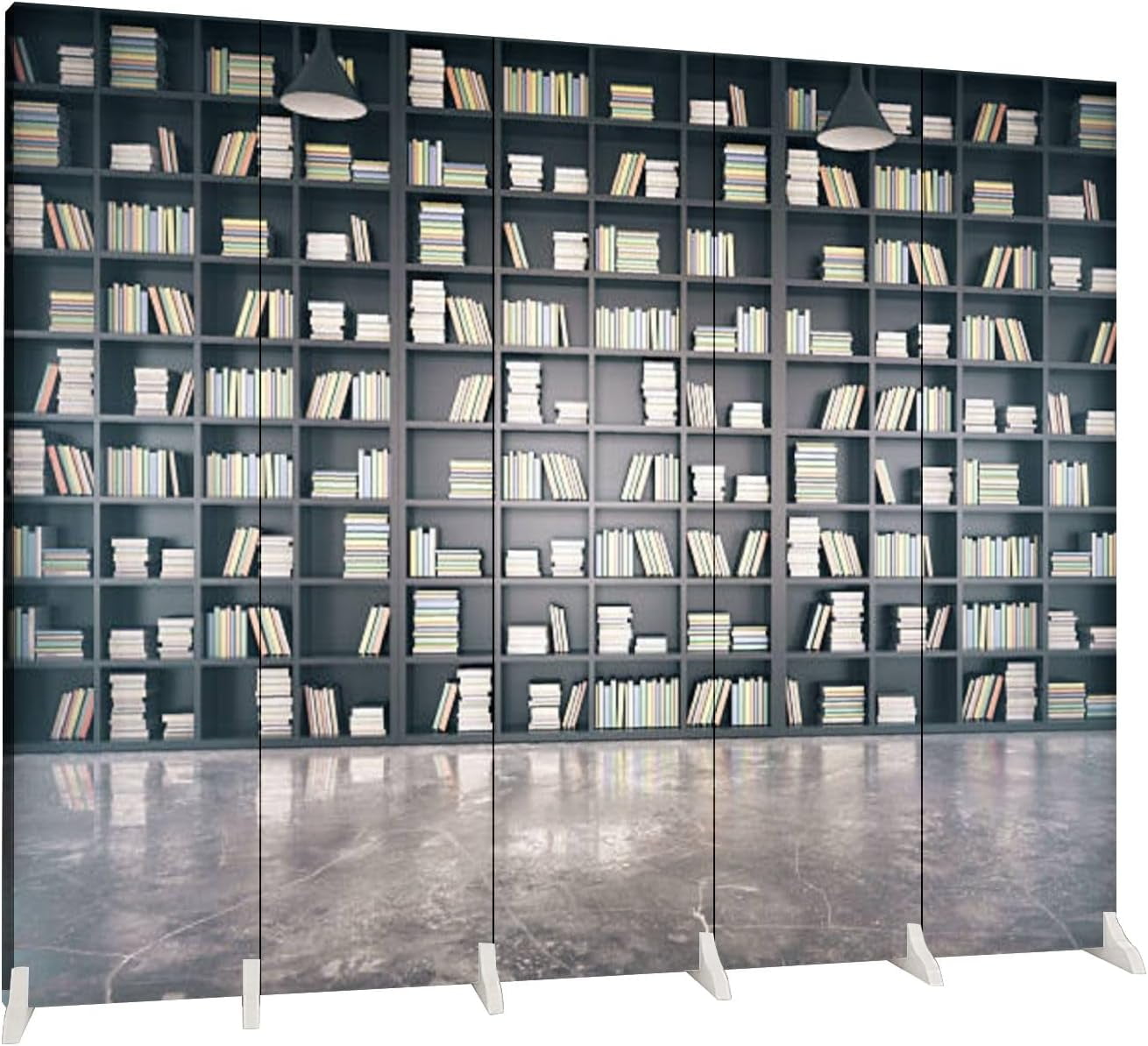 5 Panels Screen Room Divider Library Big Bookcase Concrete Floor Canvas ...