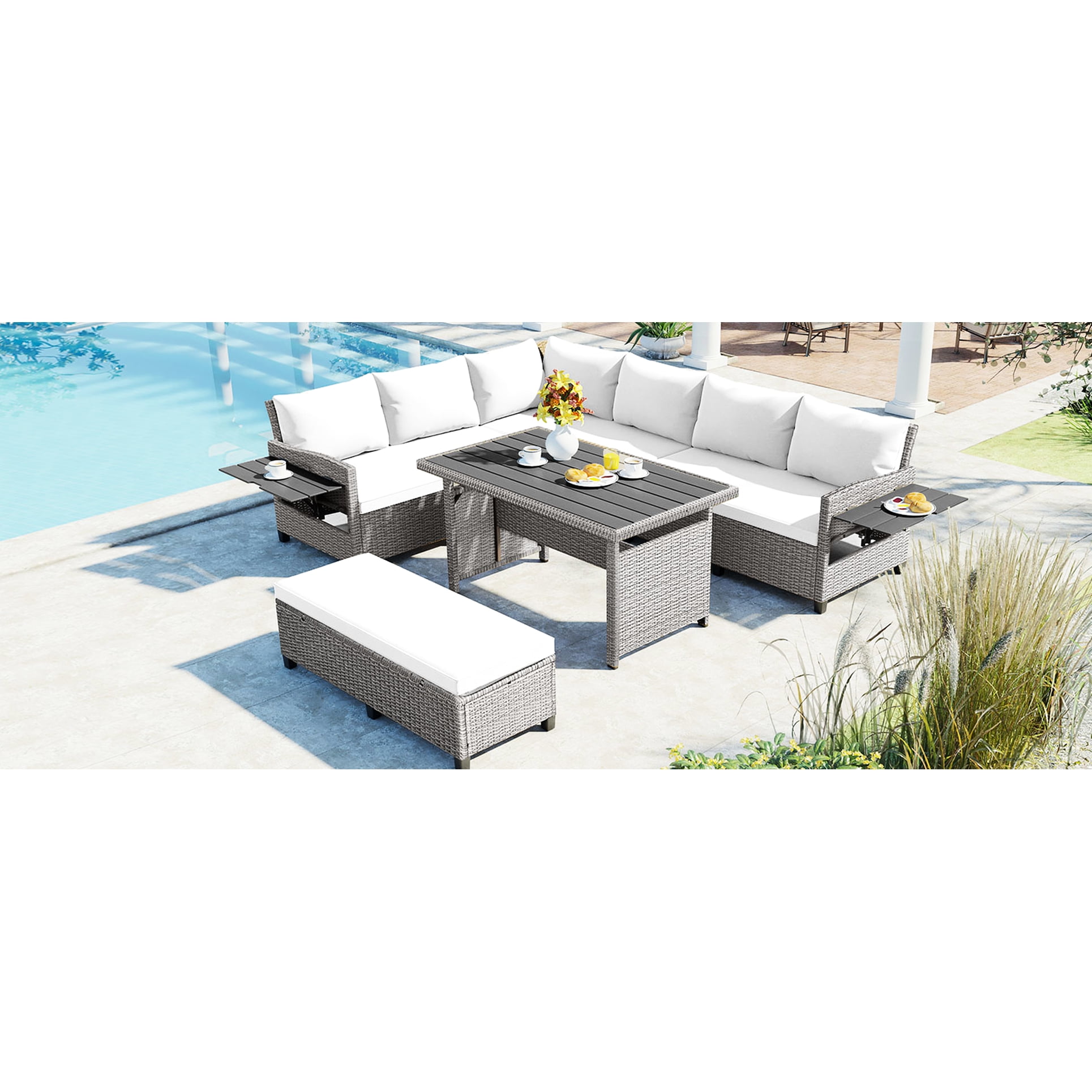 5 Patio In White - 2 , 1 Corner , Long Bench, Dining Table With ...
