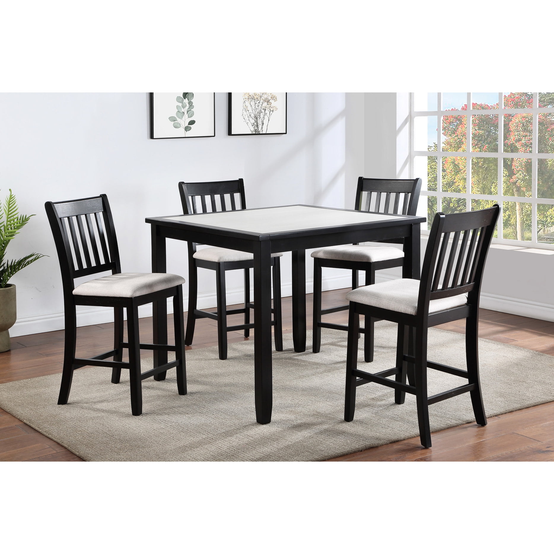5 Pc Square Table and Upholstered Chair Set, Counter Height, Dark Brown ...