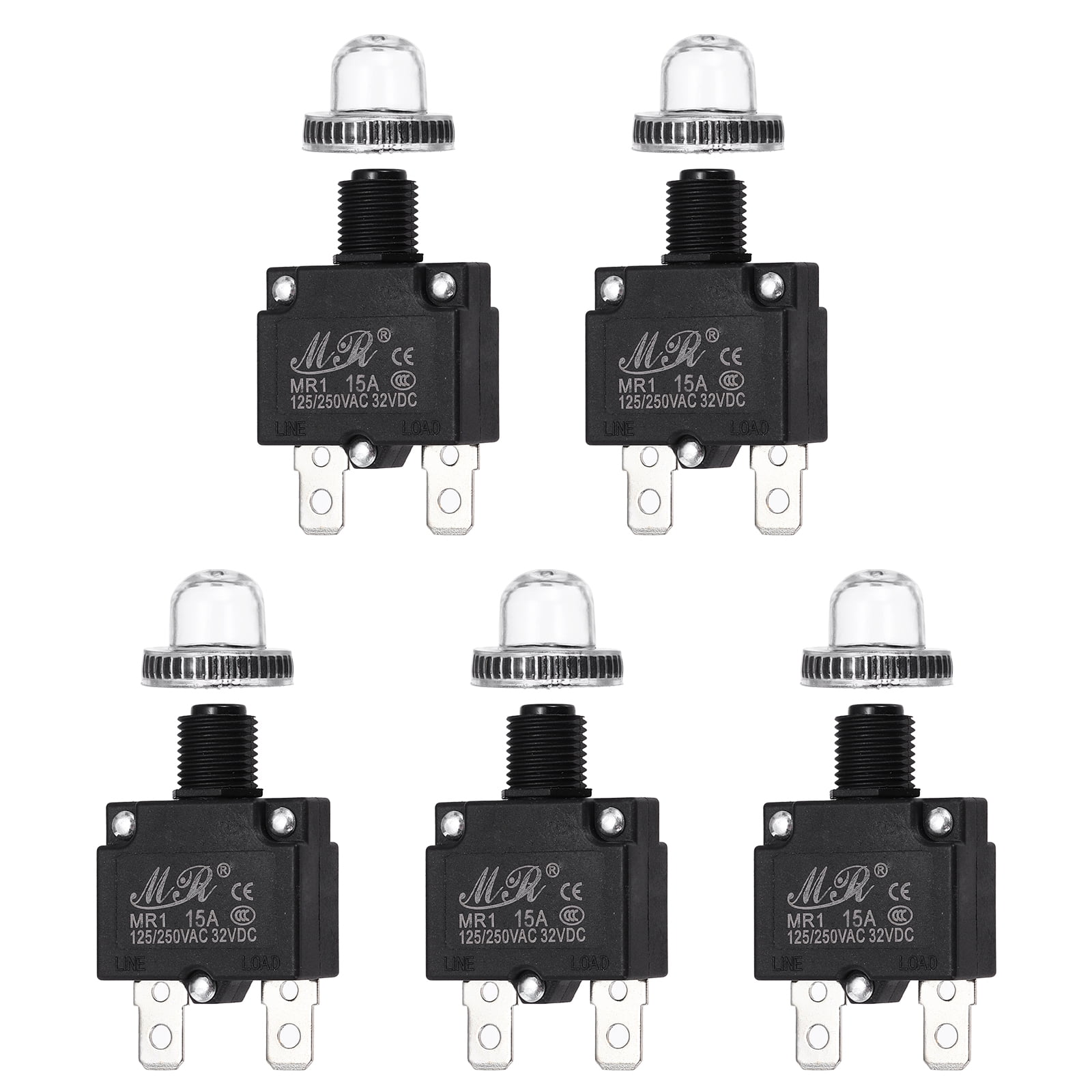 5 Pcs 15Amp Push Button Circuit Breaker,125/250V AC 32V DC with ...