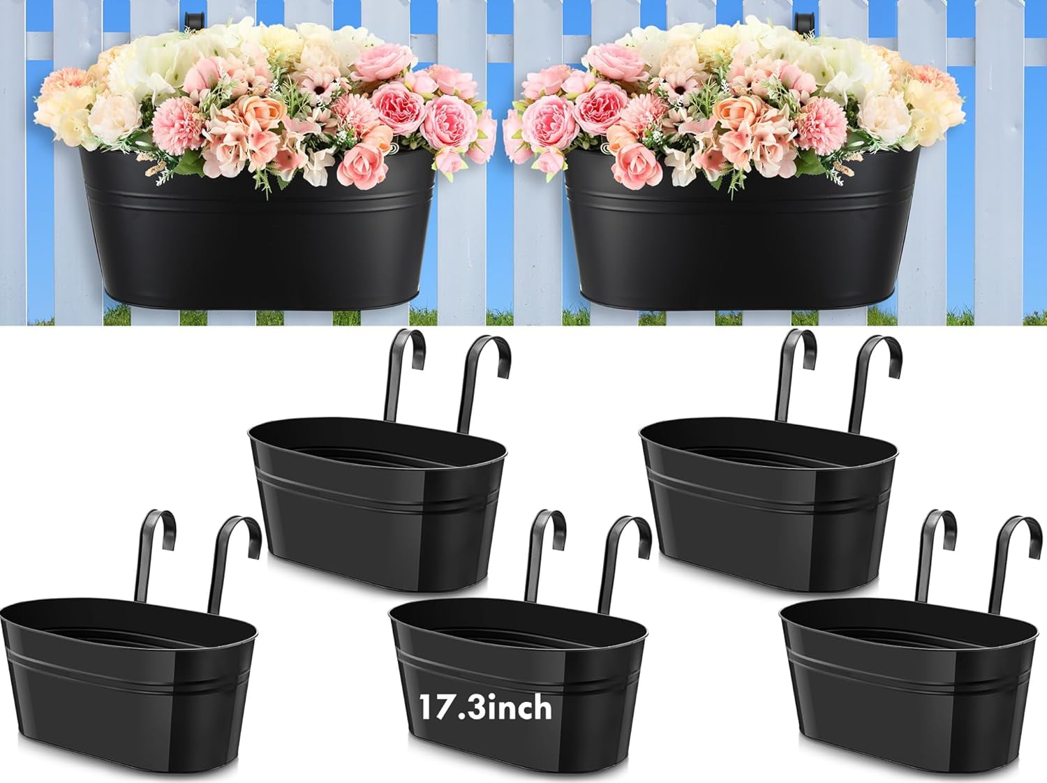 5 Pcs 17.3 Inch Metal Iron Hanging Flower Pots Outdoor Rail Planter with Detachable Hooks and ...