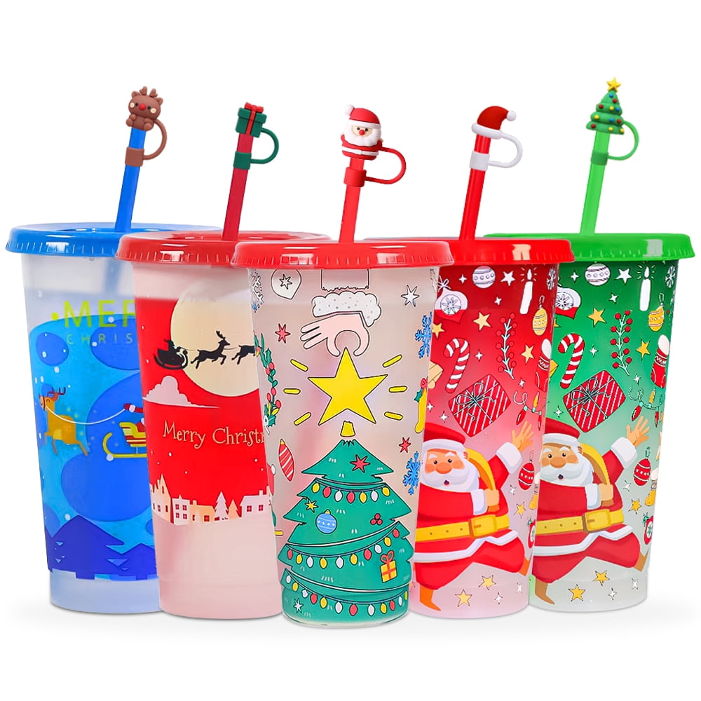 5 Pcs 24 oz Christmas Color Changing Plastic Cups with Lids and Straws ...