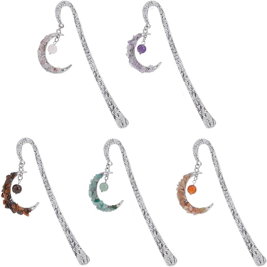 5 Pcs 5 Styles Moon Alloy Hook Bookmark Metal Bookmark with Gemstone ...
