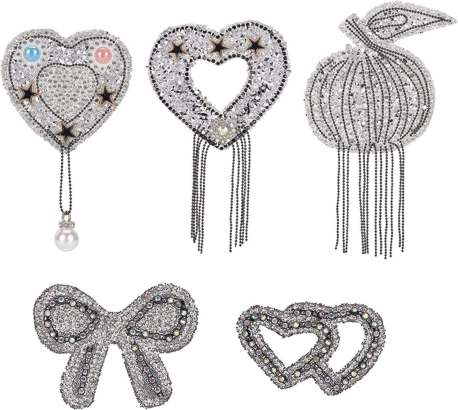 5 Pcs 5 Styles Rhinestone Patch Glittered Bowknot Heart Lantern Sew On ...