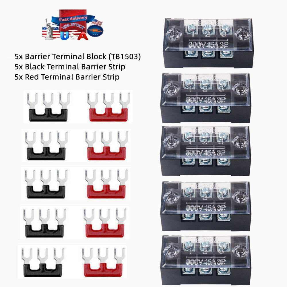 5 Pcs 600V 15A 3P Dual Row Barrier Terminal Block + 10 x Terminal ...