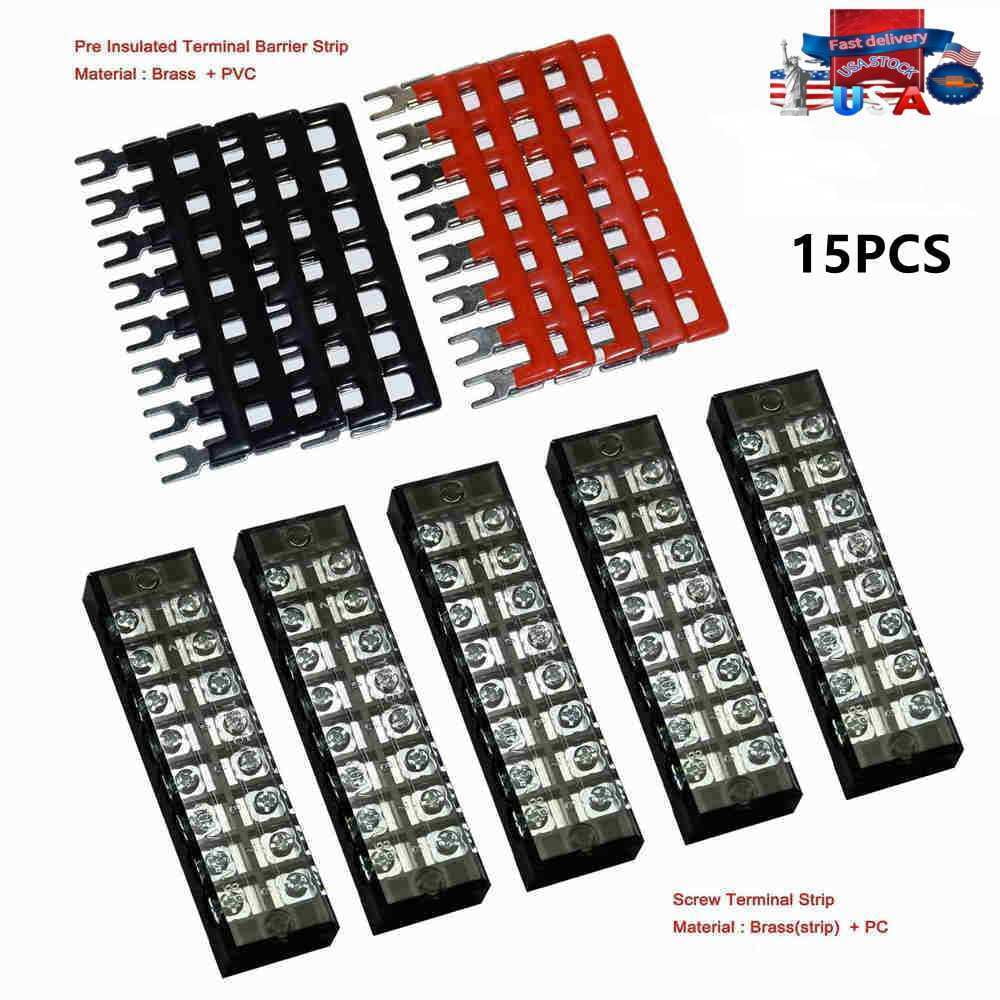 5 Pcs 600V 15A 8P Dual Row Barrier Terminal Block + 10 x Terminal ...