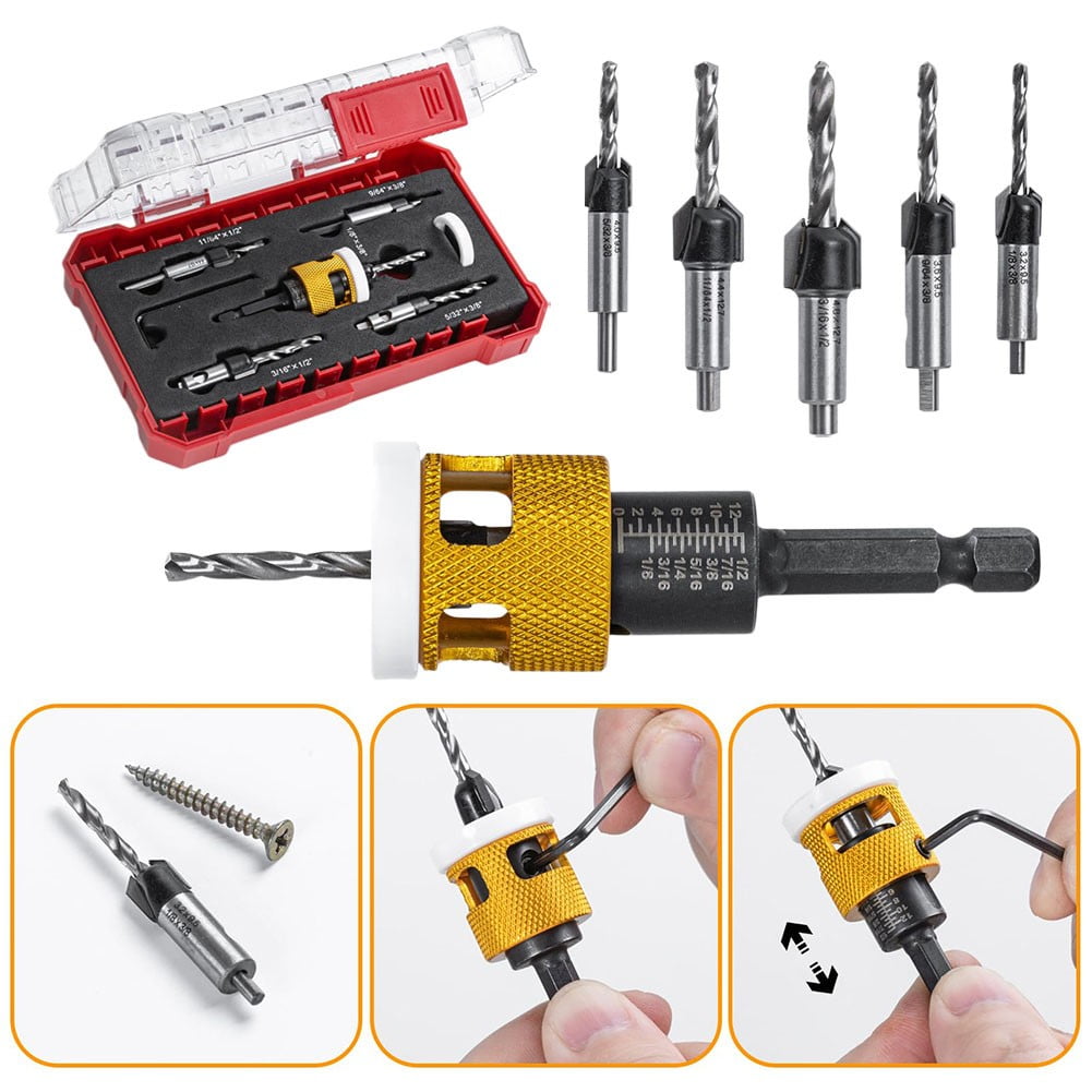 5 Pcs Adjustable Countersink Drill Bit Set with Depth Stop for ...