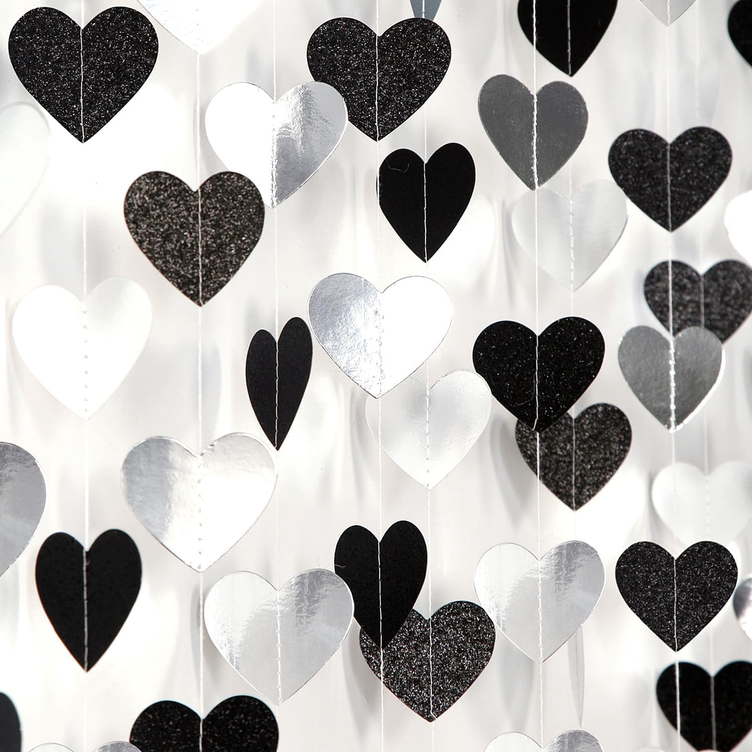 5 Pcs Black Silver Heart Streamers Garland, 65Ft Glitter and Mirror ...