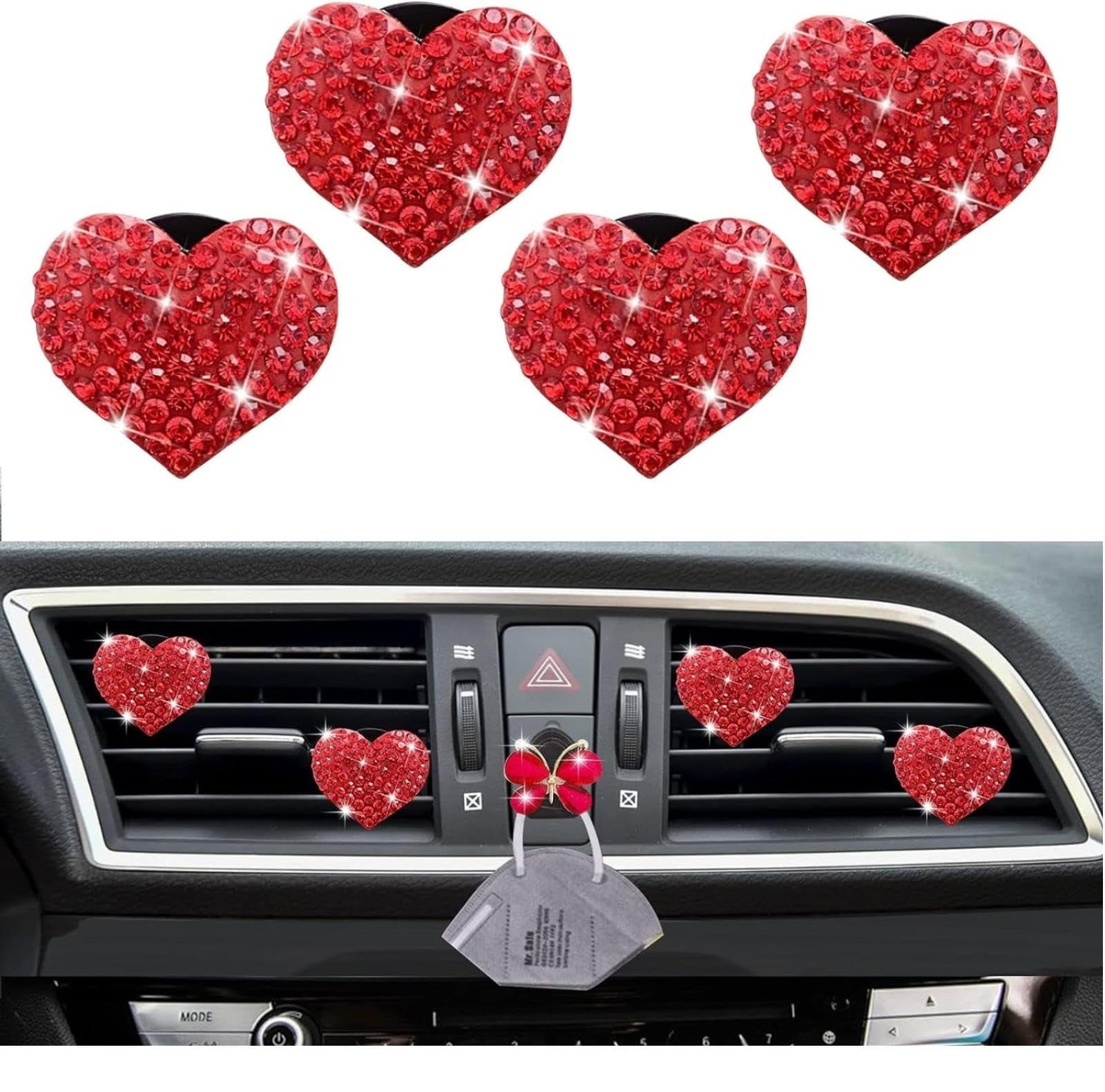 5 Pcs Bling Red Hearts Air AIS1 Vent Clips, Shape Crystal Car Air Vent ...