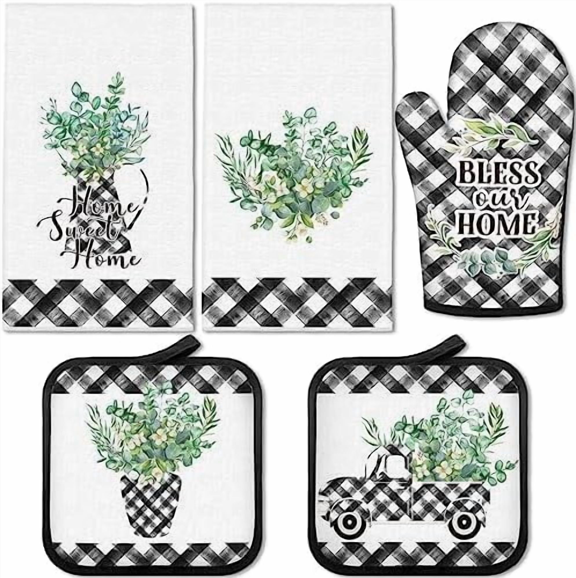 5 Pcs Buffalo Plaid Kitchen Set - 2 Farmhouse Towels, 2 Potholders, 1 ...