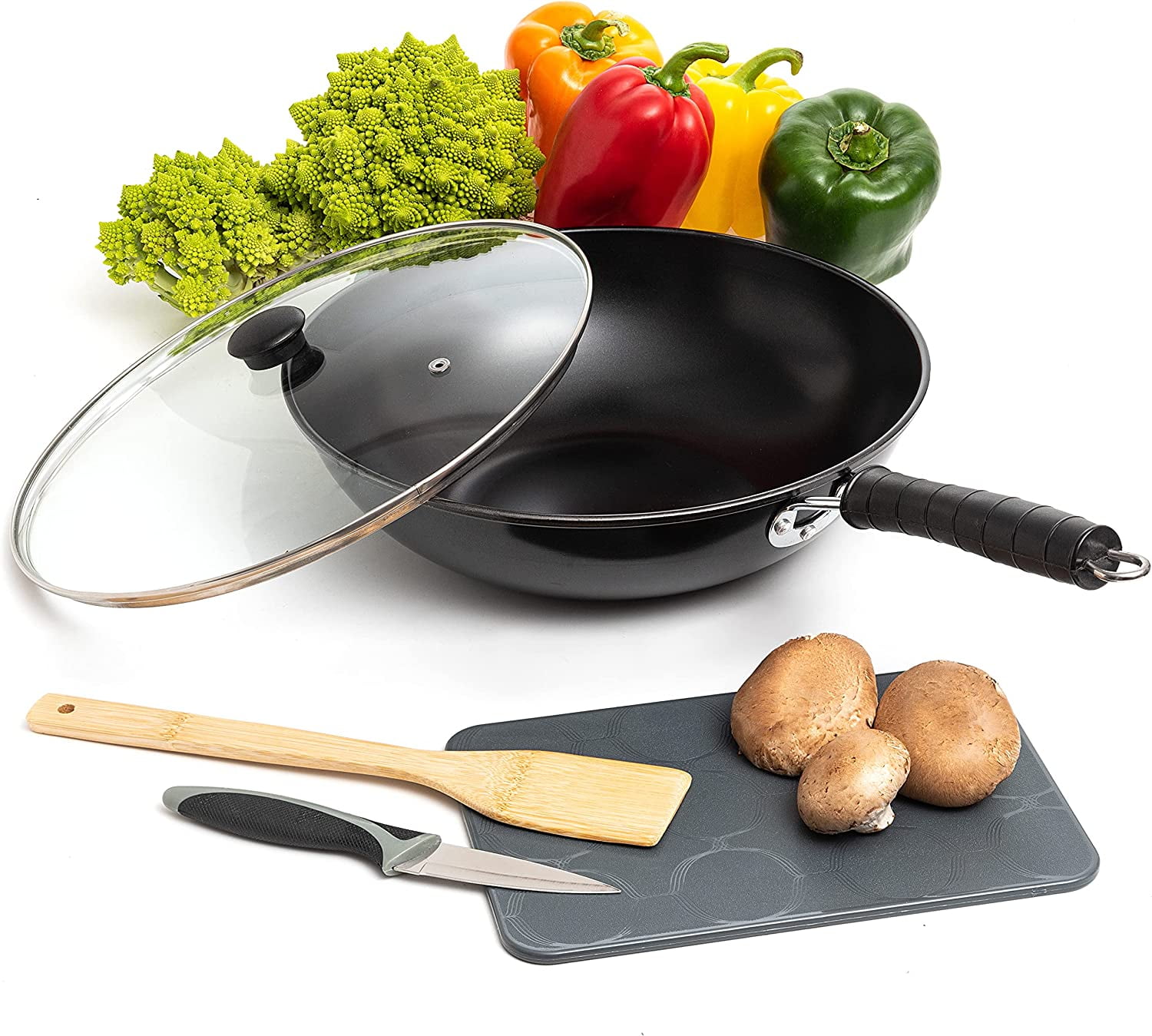 5 Pcs Carbon Wok Set, Carbon Steel Wok Pan 12 Inch Woks and Stir Fry ...