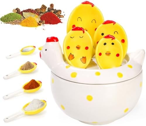5 Pcs Ceramic Measuring Spoons with Holder, Chicken Measuring Spoons ...