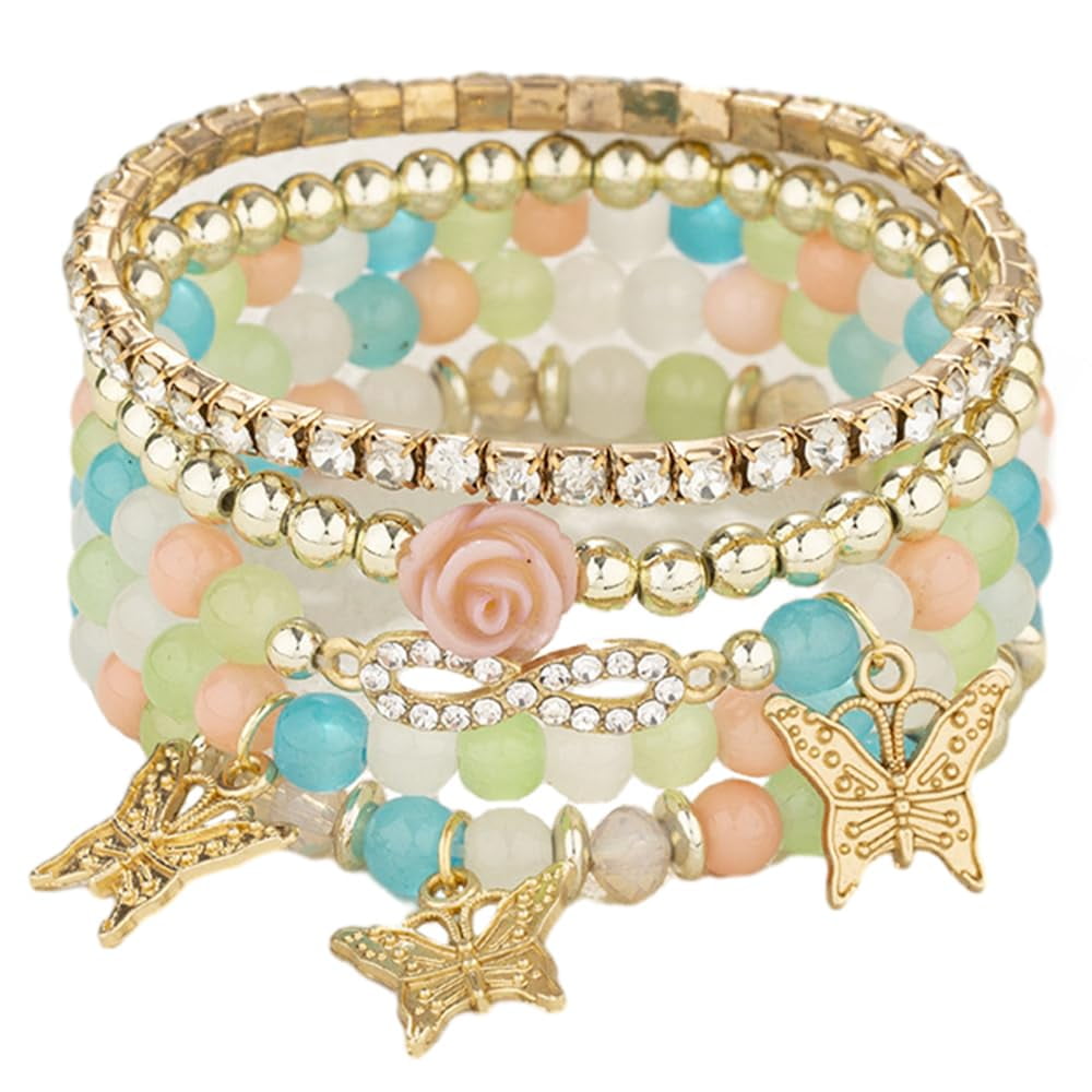 5 Pcs Cute Butterfly Charm Multi Bracelets Set Rose Gold Beaded ...