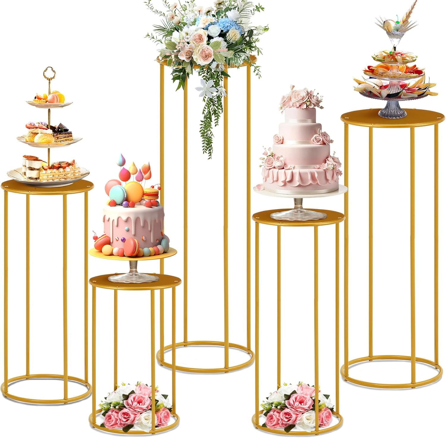 5 Pcs Cylinder Pedestal Stands for Party Gold Metal Tall Cylinder ...