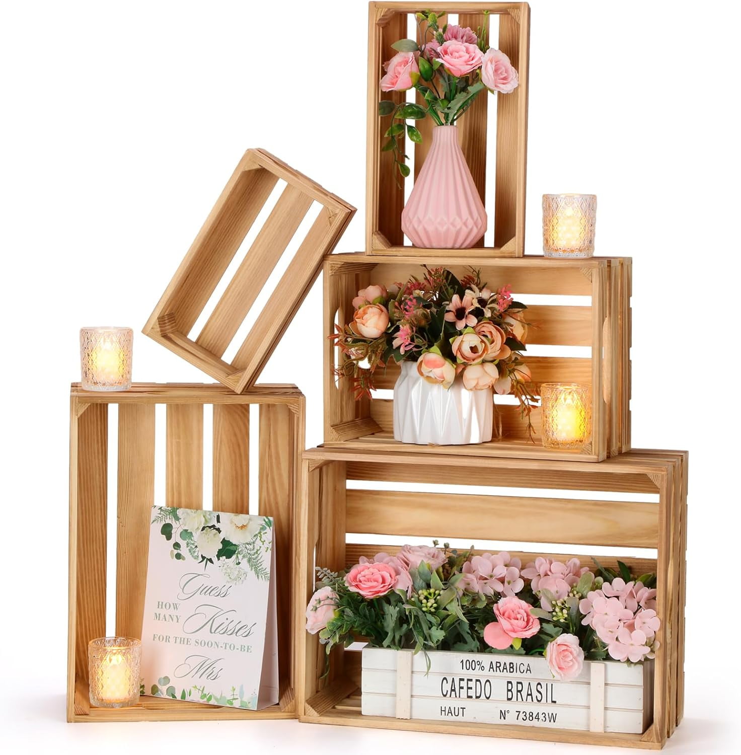 5 Pcs Decorative Nesting Wooden Crates for Storage Display 5 Size Large ...