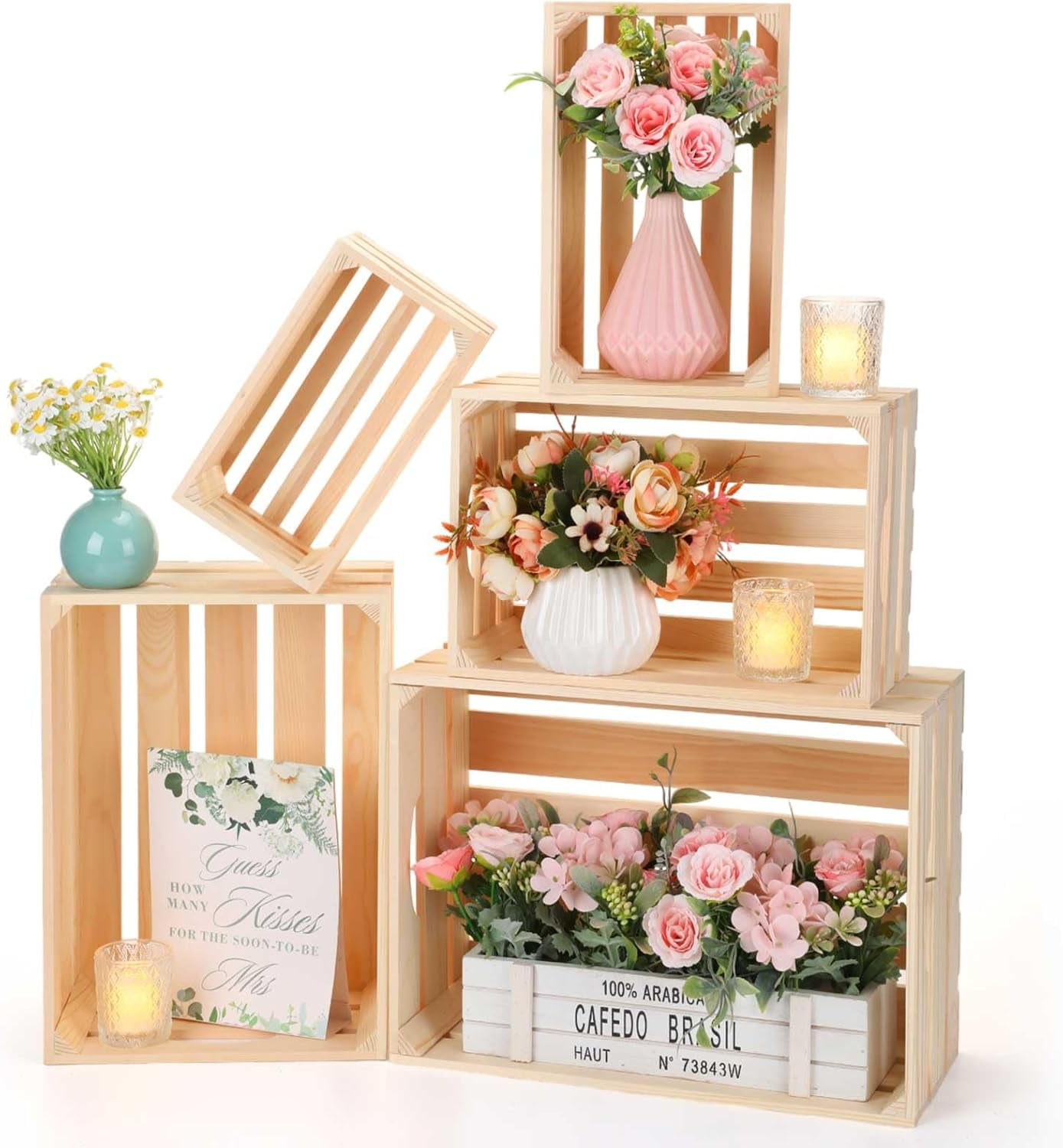 5 Pcs Decorative Nesting Wooden Crates for Storage Display 5 Size Large ...