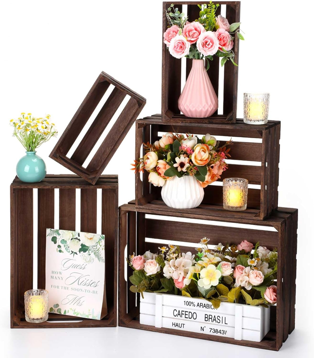 5 Pcs Decorative Nesting Wooden Crates for Storage Display 5 Size Large ...