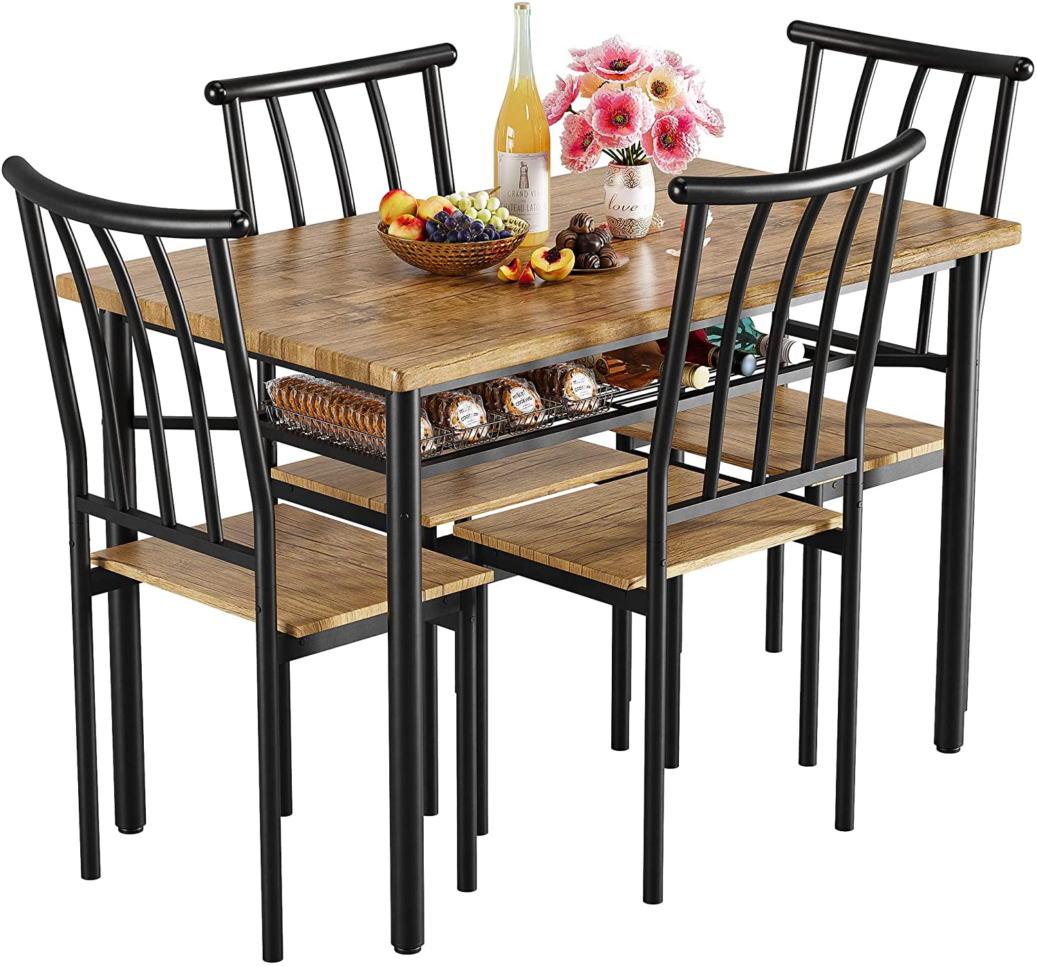 5 Pcs Dining Table Set for 4 with Storage Rack 47.2in Rustic Brown Wood ...