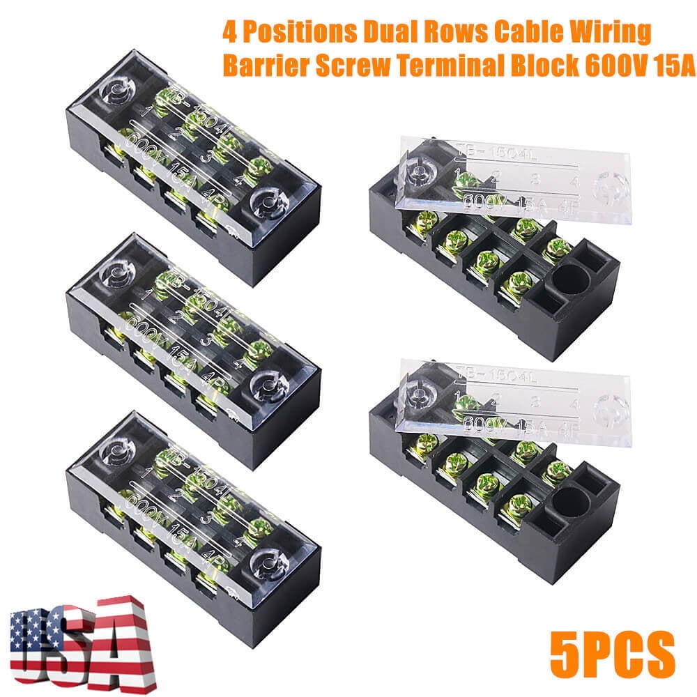 5 Pcs Dual Row 4 Position Covered Screw Terminal Block Strip 600V 15A ...