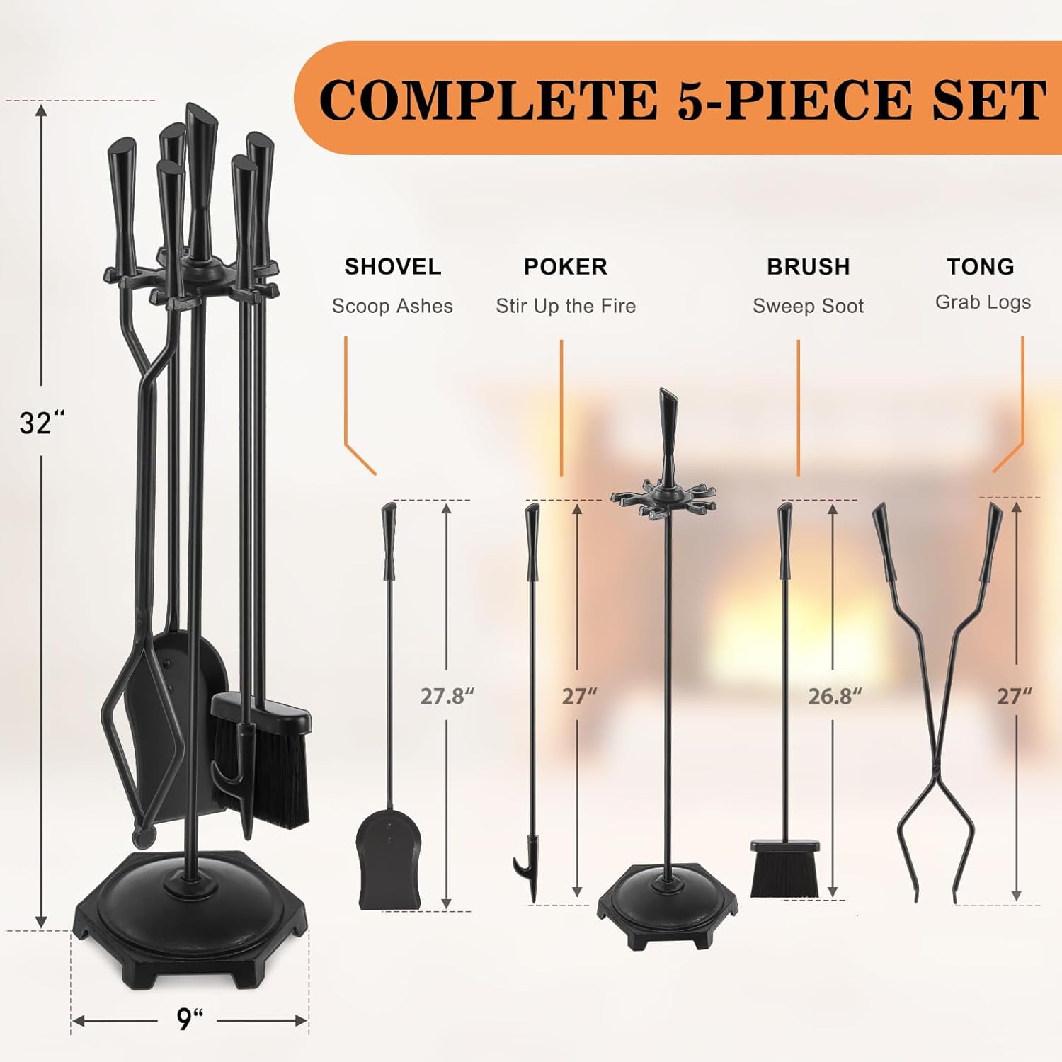 5 Pcs Fireplace Tools Set 32" Black Wrought Iron Large Fire Tool Set ...