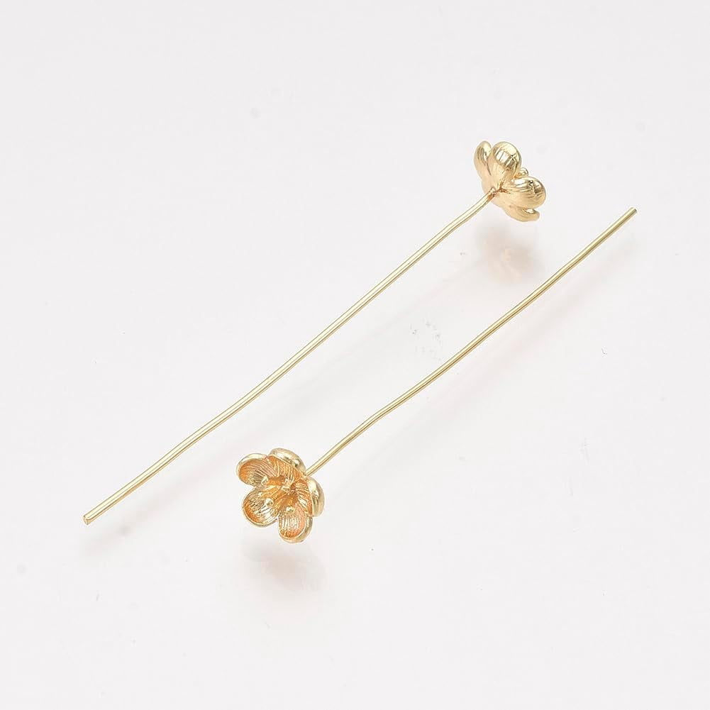 5 Pcs Flower Brass Pins Real 18K Gold Plated Metal End Headpins Jewelry ...