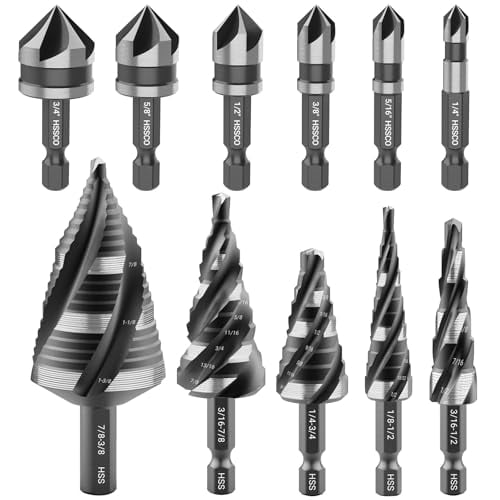 5 Pcs Four Spiral Flute Step Drill Bit Set & 6 Pcs Countersink Drill Bits with Tool Box ...