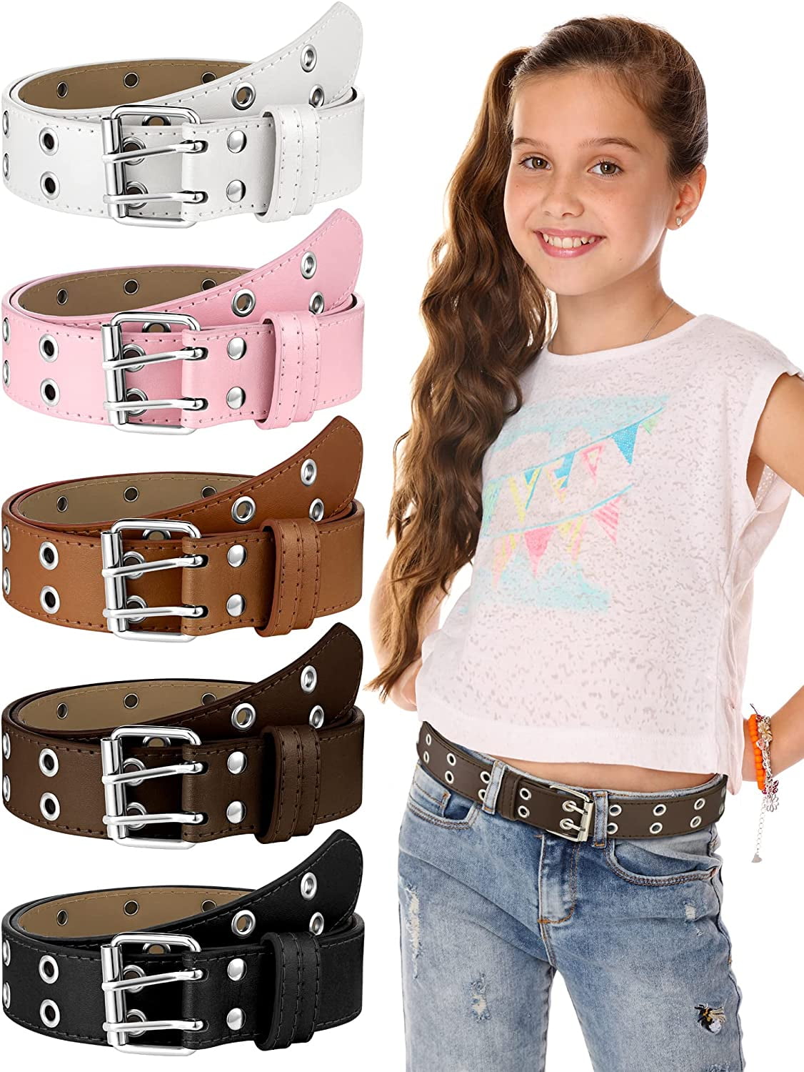 5 Pcs Girls Double Grommet Belts with Holes Kids PU Leather Waist Belts ...