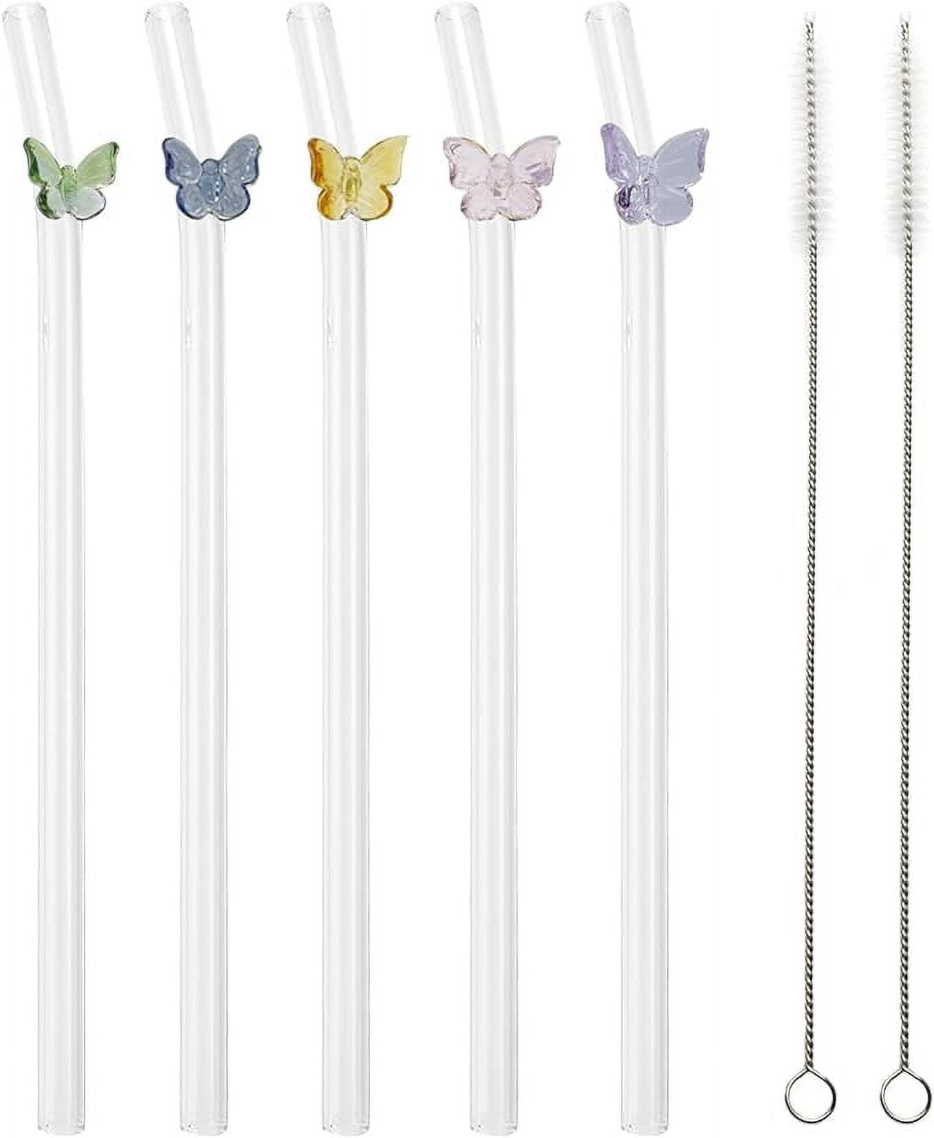 5 Pcs Glass Straws Butterfly Straws with Design Reusable Straws with 2 ...