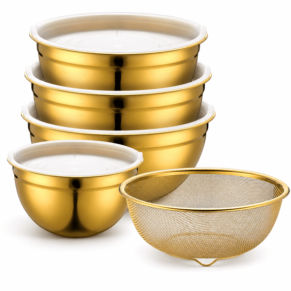 5 Pcs Golden Stainless Steel Bowl Set with Lids, 4 Thickened Mixing ...
