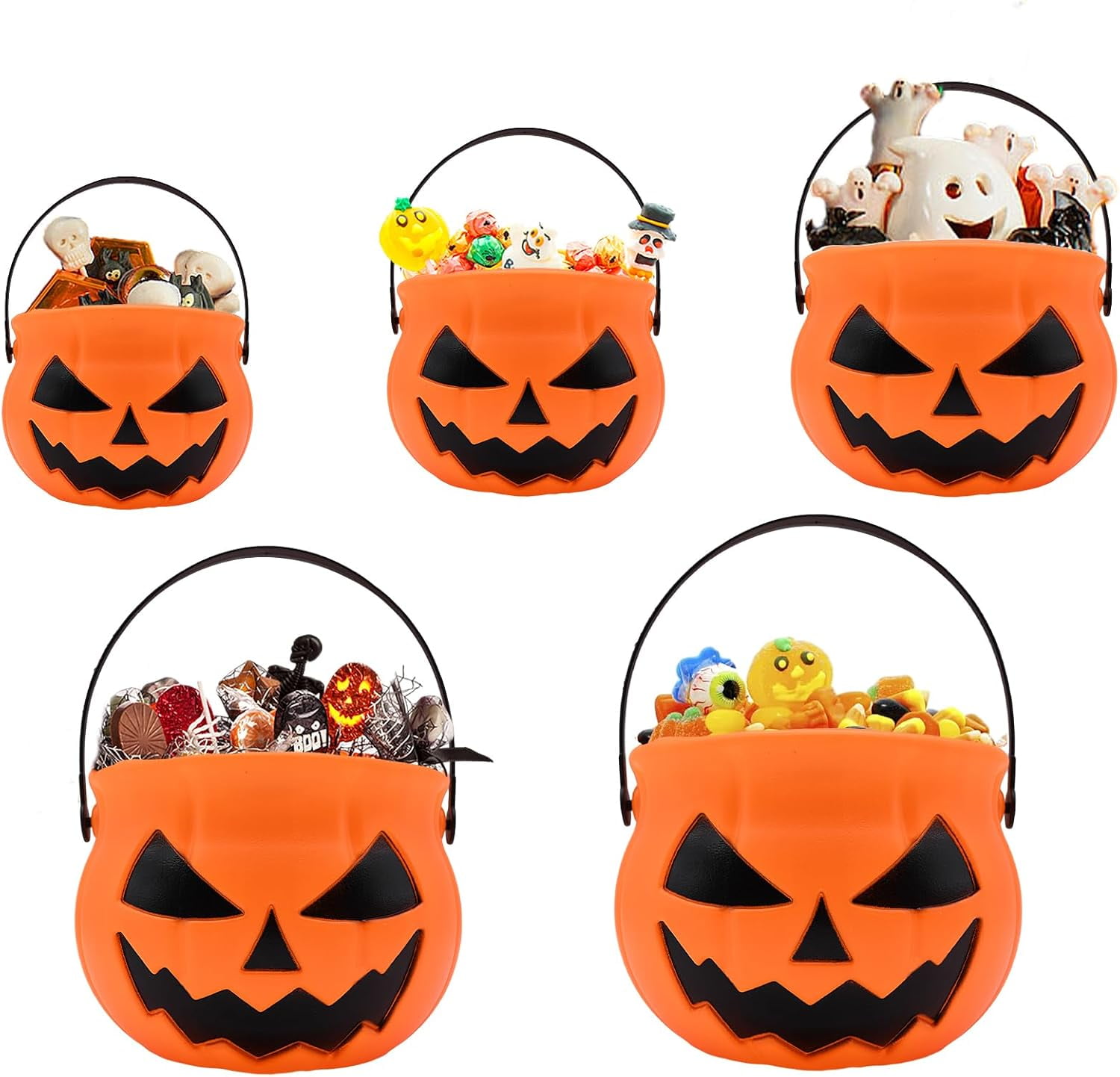 5 Pcs Halloween Pumpkin Candy Buckets - 5 Sizes Plastic Jack-O'-Lantern ...