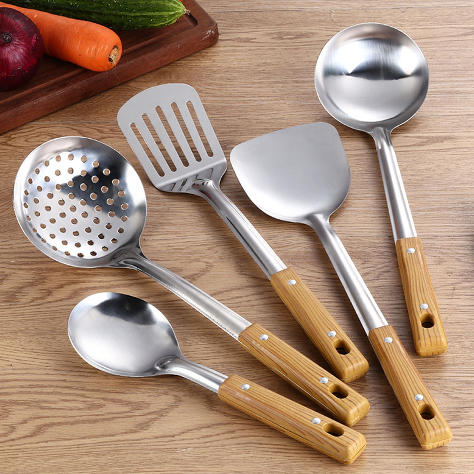 5 Pcs Kitchen Utensils Set,Stainless Steel Cooking Utensils With Wood ...