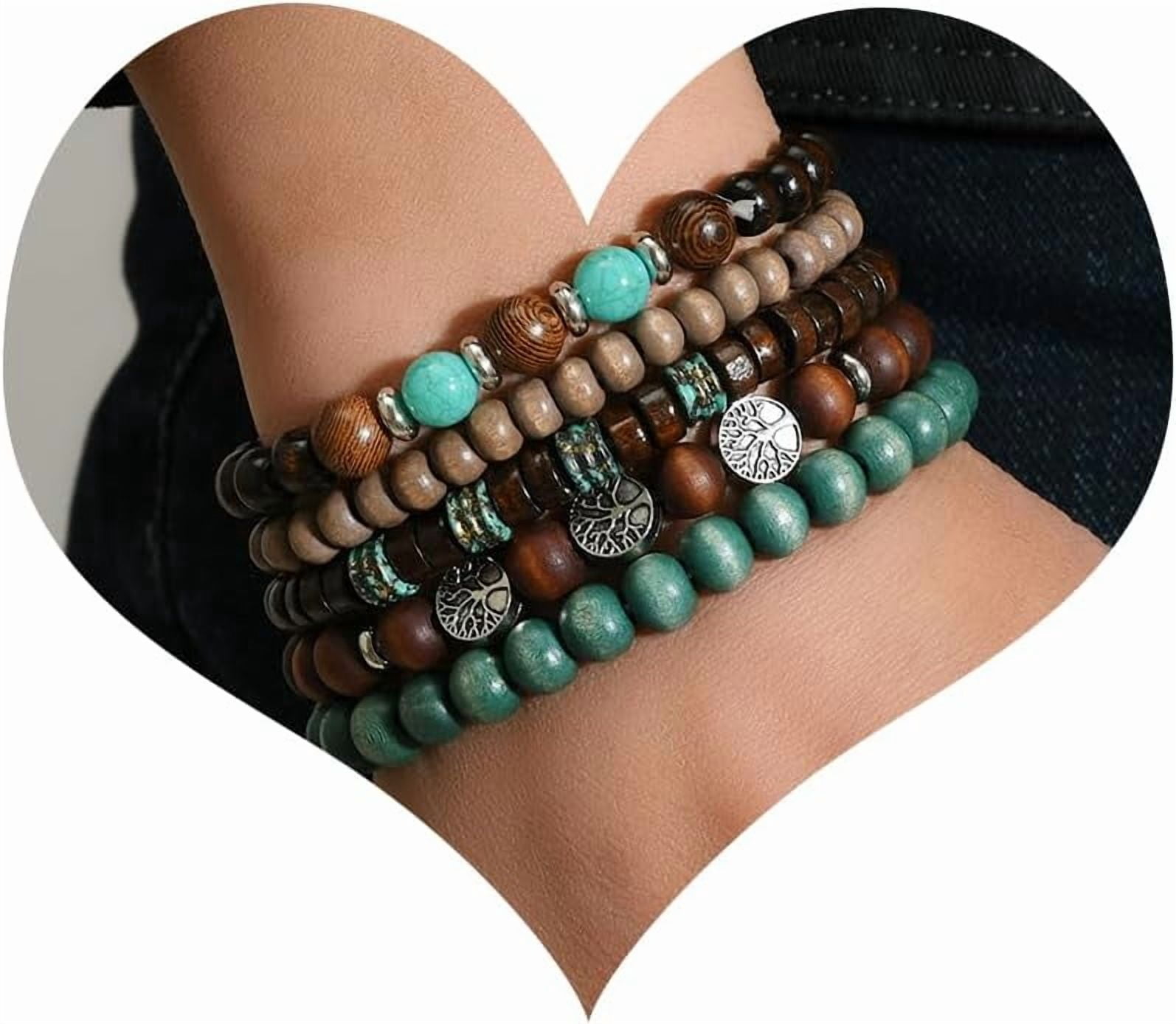 5 Pcs Layered Wood Beads Bracelets for Men Boho Turquoise Beaded ...