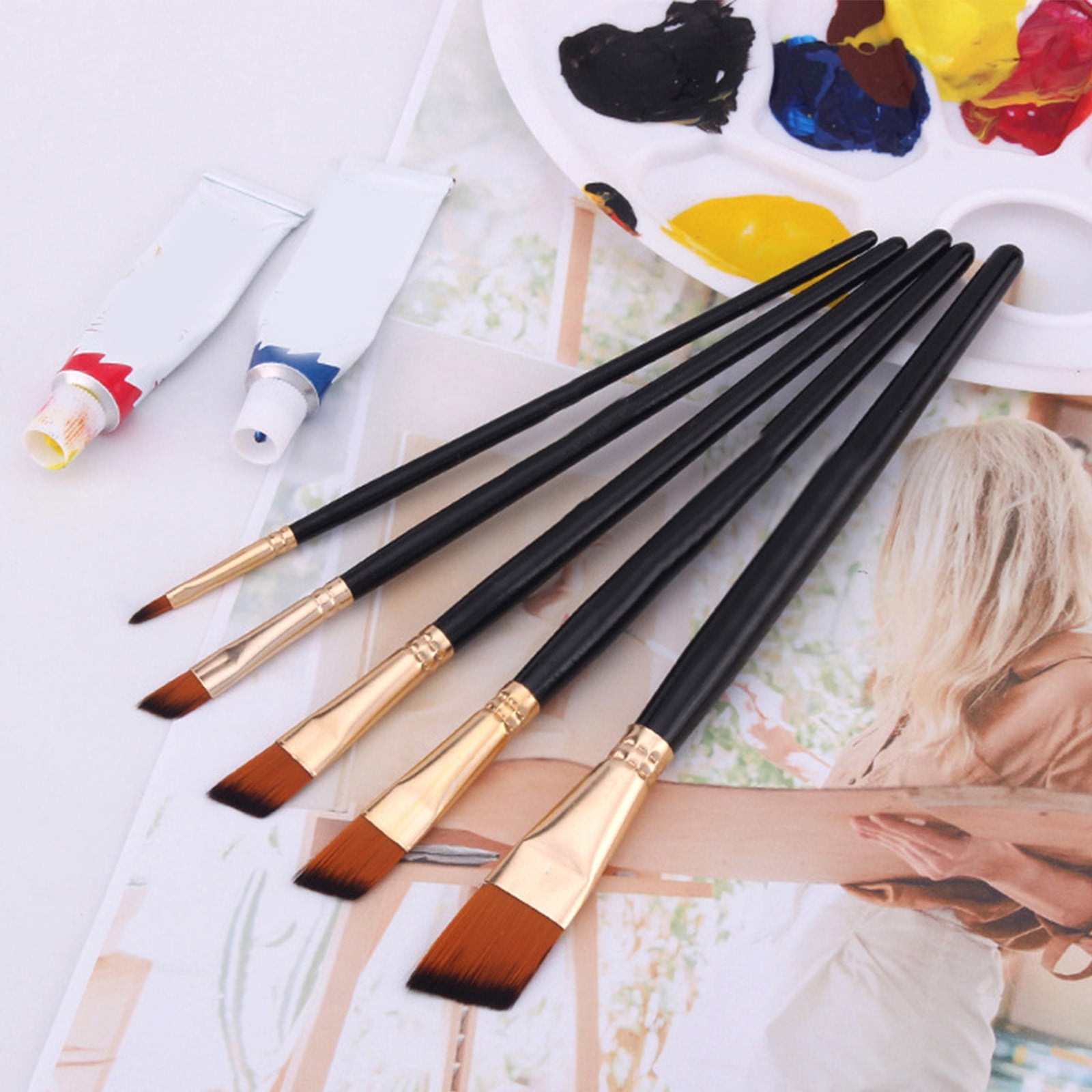 5 Pcs Paint Brush, Soft Pointed Flat Round Top Drawing Brushes for ...