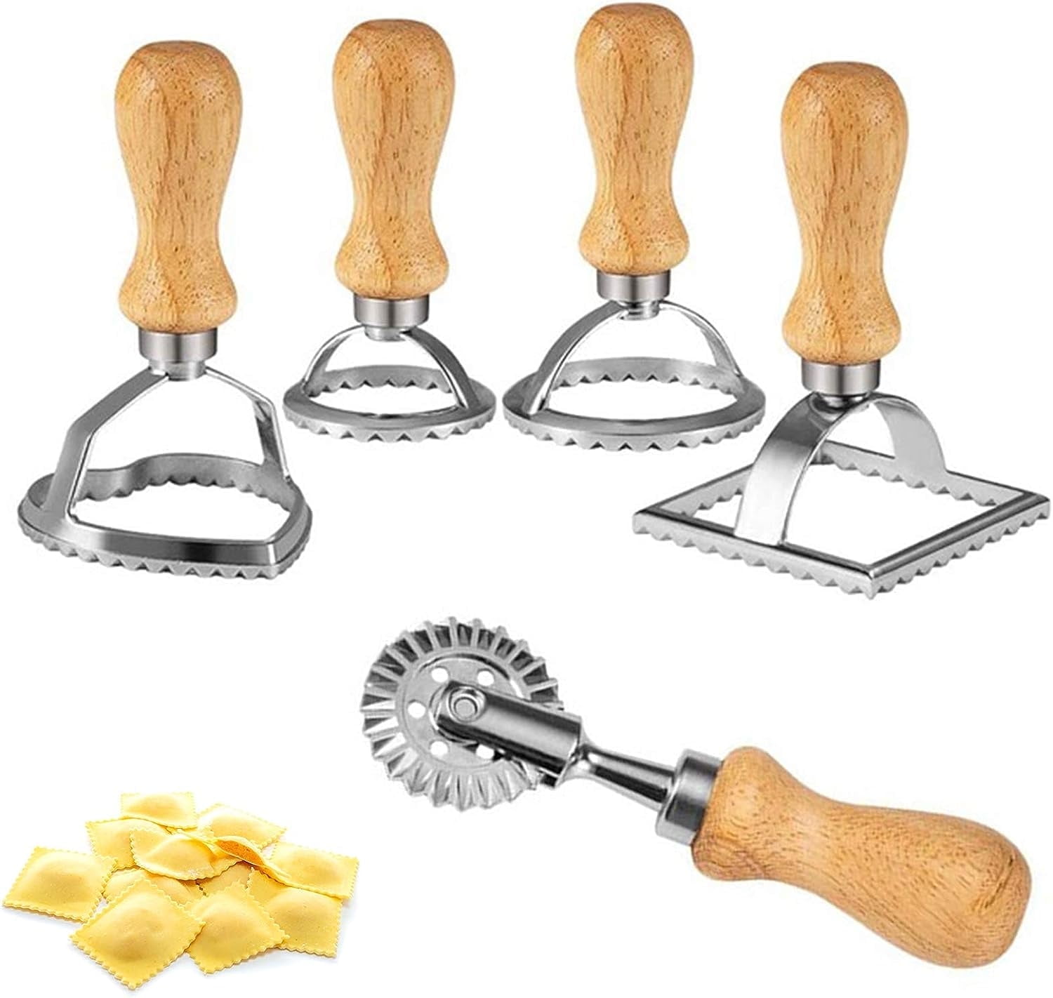 5 Pcs Ravioli Stamp Maker Cutter Mold with Wooden Handle and Fluted ...
