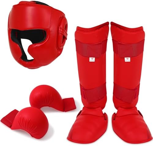 5 Pcs Red Sparring Gear Set 1 Pcs Boxing Headgear Safety Helmet 2 Pcs ...