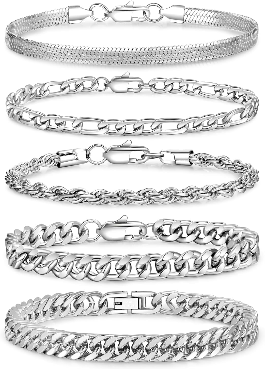 5 Pcs Stainless Steel Mens Chain Bracelet - Sturdy Curb Width Silver ...