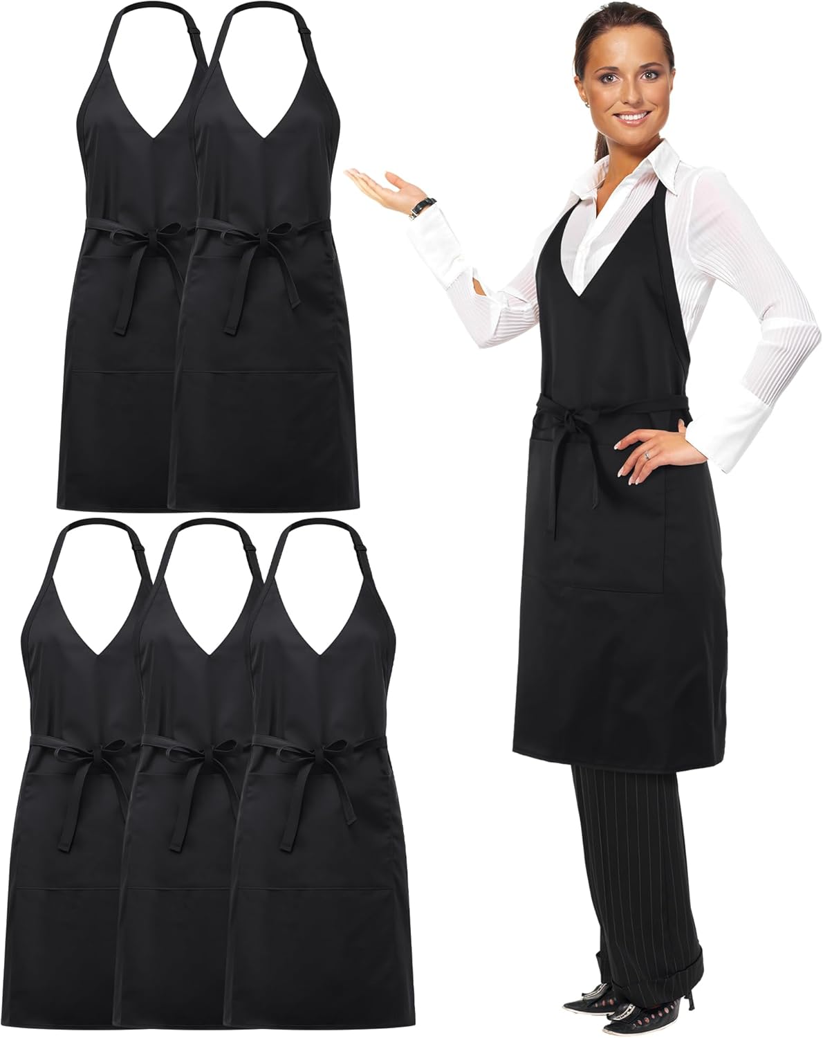 5 Pcs Unisex V Neck Aprons 2 Pockets Adjustable Black Tuxedo Server ...