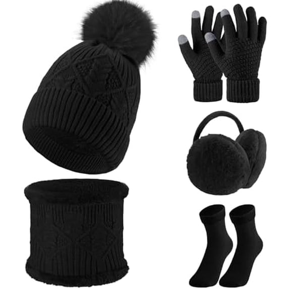 5 Pcs Winter Hat Scarf Gloves Set Fleece Lined Knit Beanie Hat Warm ...