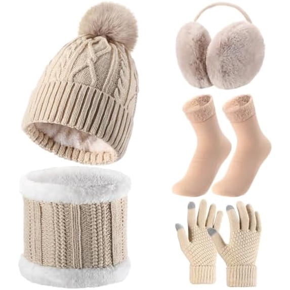 5 Pcs Winter Hat Scarf Gloves Set Fleece Warm Lined Knit Beanie Hat ...