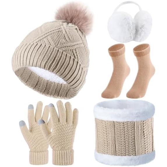 5 Pcs Winter Hat Scarf Gloves Set Fleece Warm Lined Knit Beanie Hat ...