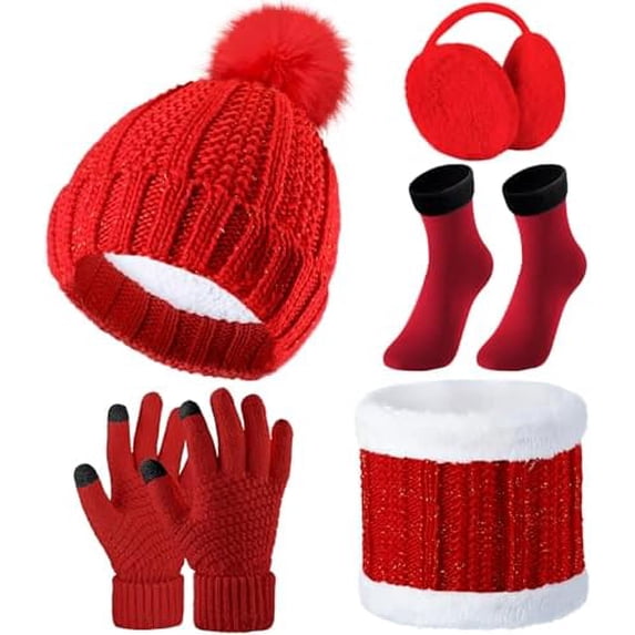 5 Pcs Winter Hat Scarf Gloves Set Fleece Warm Lined Knit Beanie Hat ...